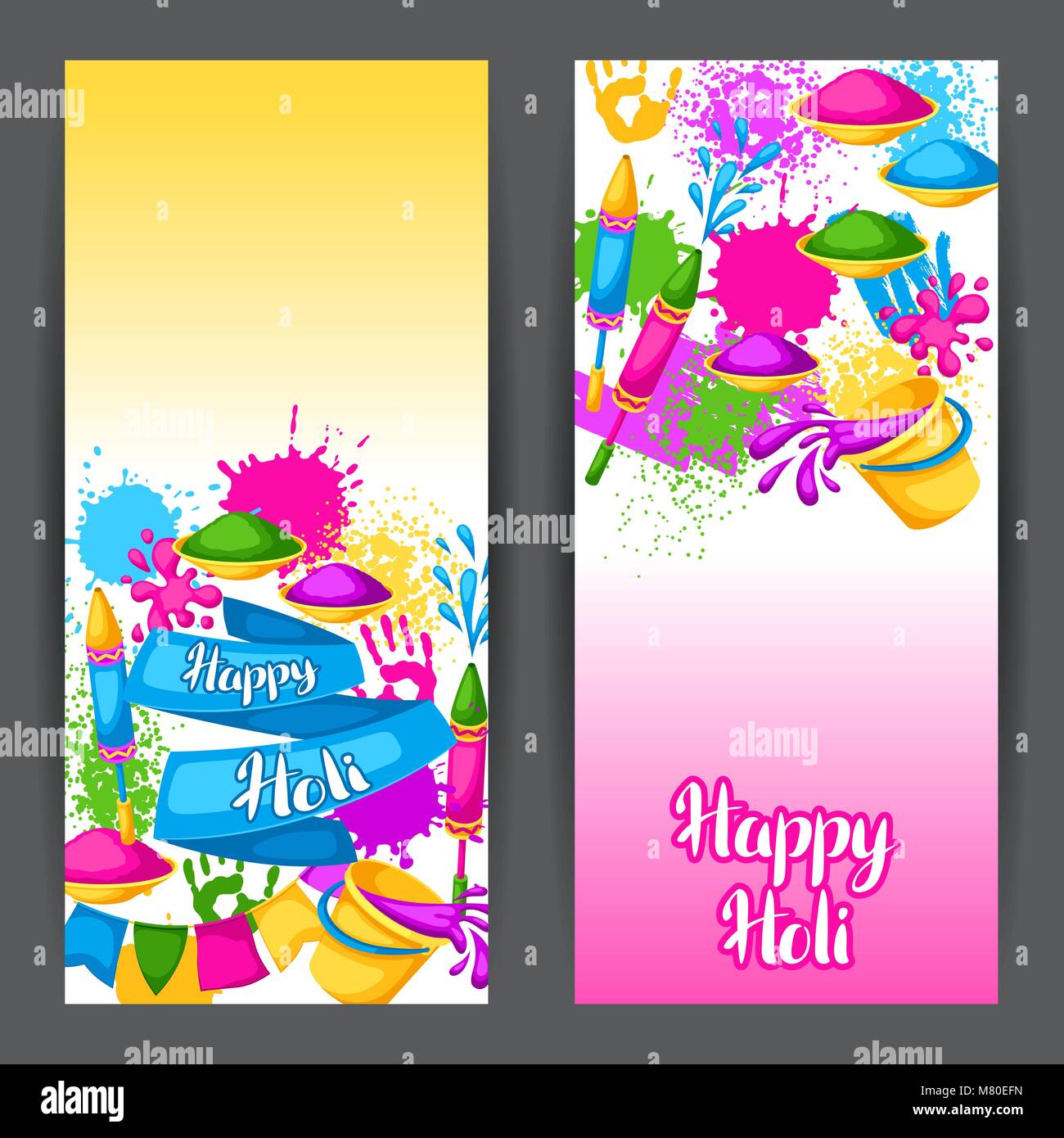 Happy Holi colorful banners. Illustration of buckets with paint, water ...