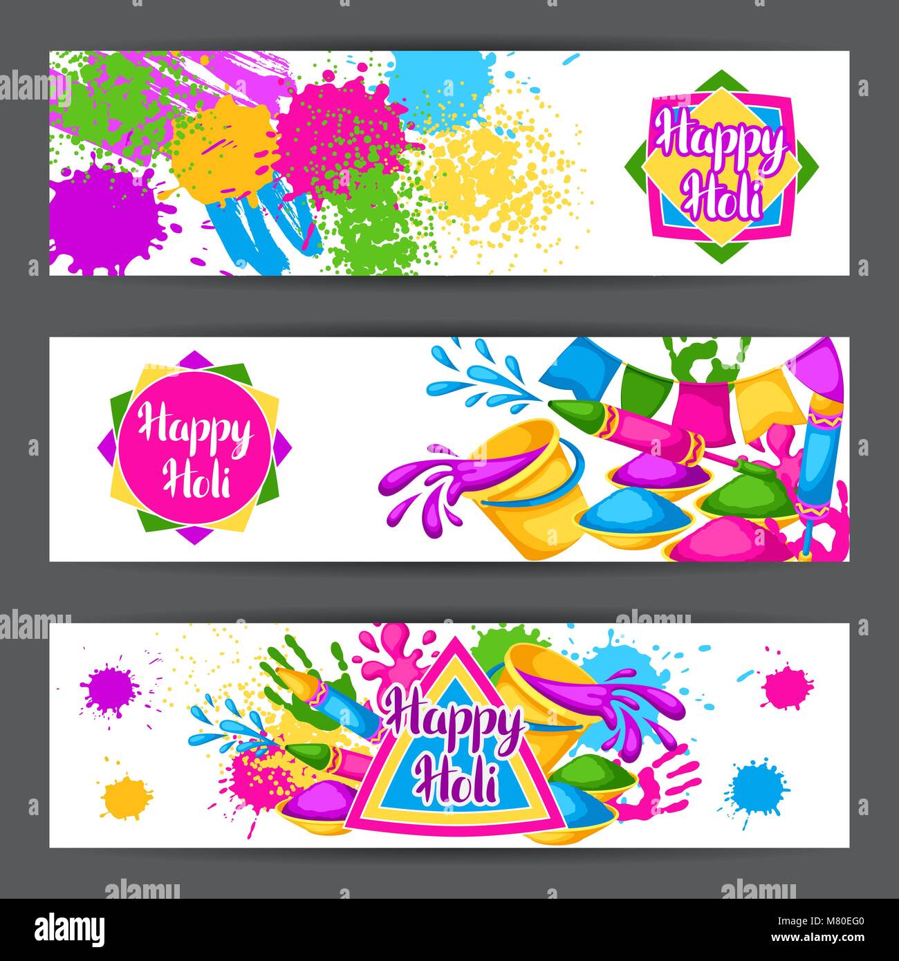 Happy Holi colorful banners. Illustration of buckets with paint, water ...