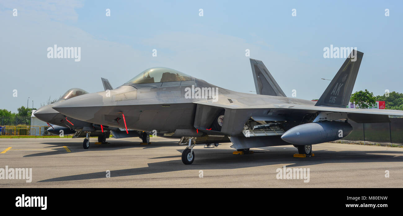 Singapore - Feb 10, 2018. Lockheed Martin F-22 Raptor aircraft belong ...
