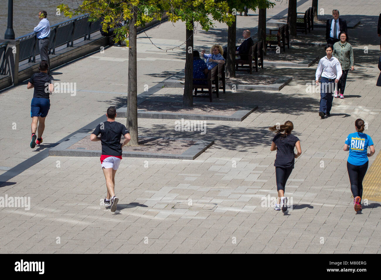Jogger running alongside the River Thames in Canary Wharf, London ...