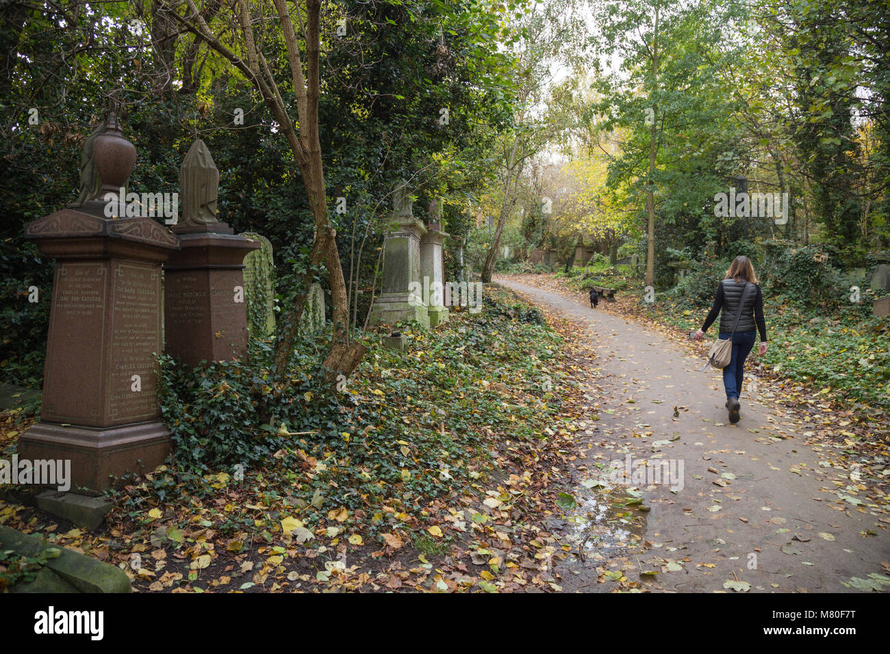 a woman walks along a path between gravestones and tombs in the ...