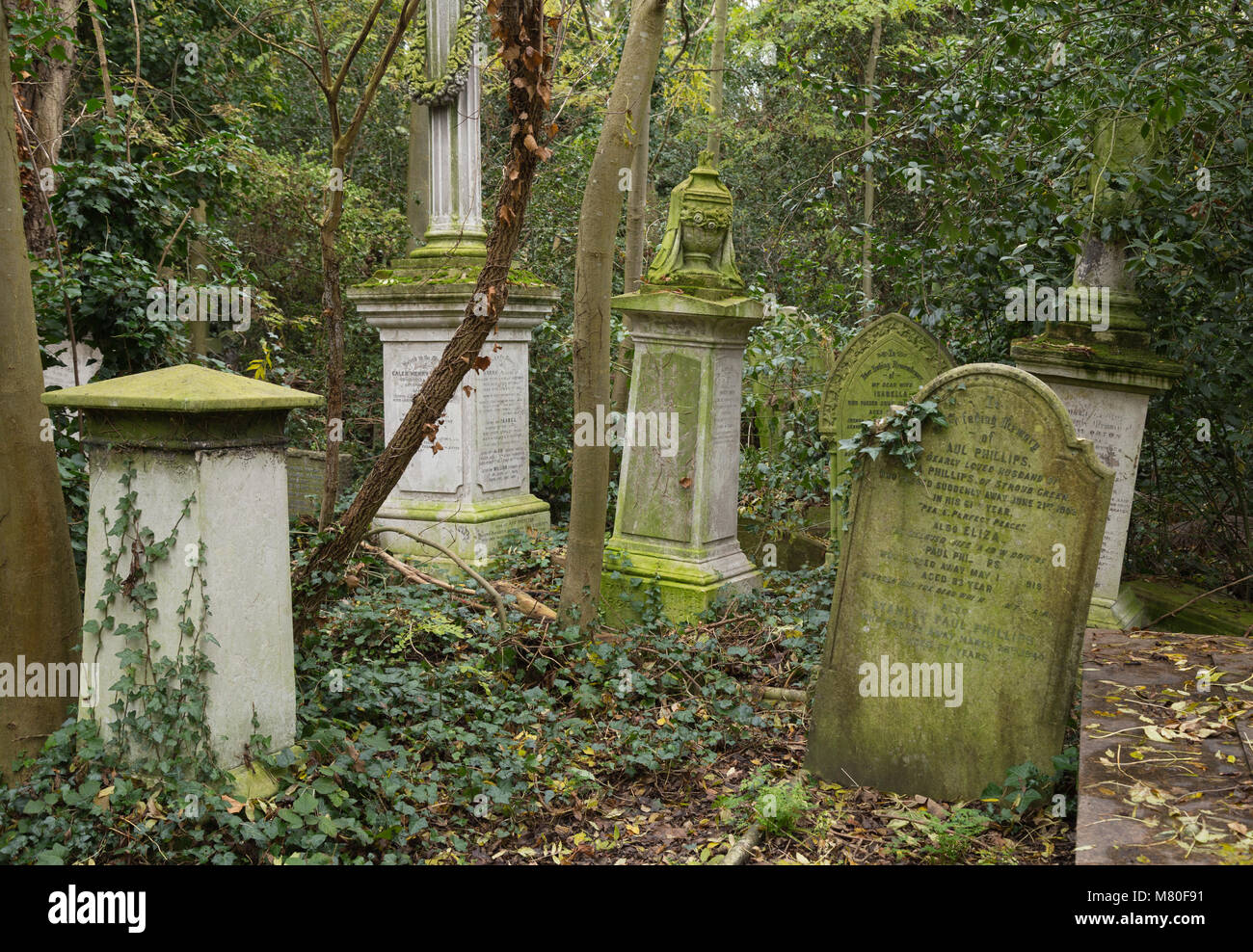 gravestones and tombs in the Victorian cemetery of Abney Park in Stoke ...
