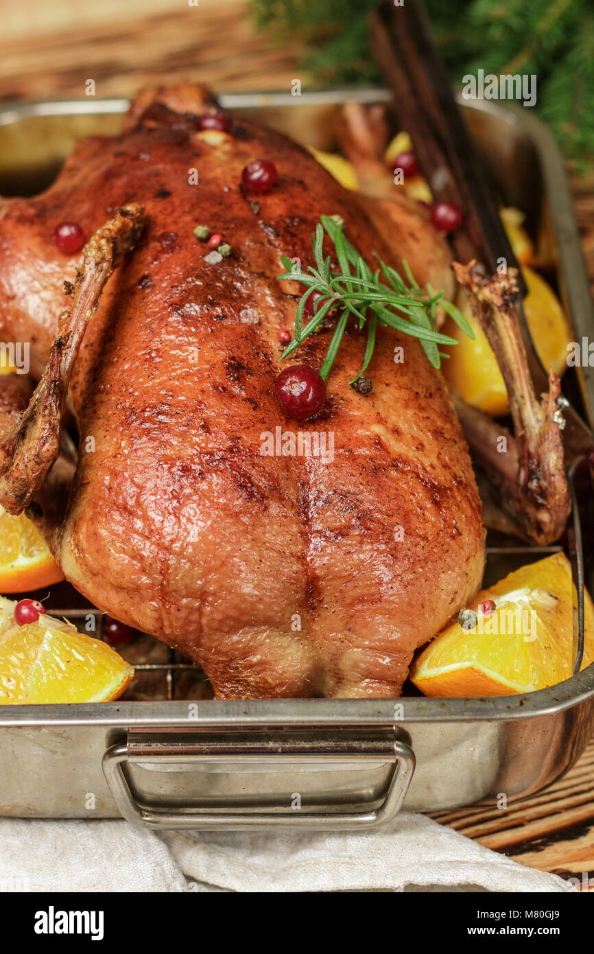 Festive duck baked with oranges, cranberries, rosemary and spices close ...