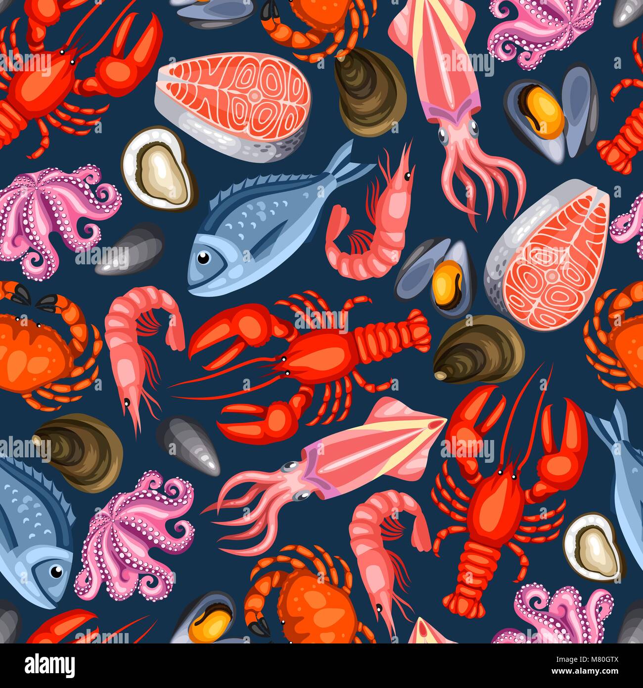 Seamless pattern with various seafood. Illustration of fish, shellfish ...