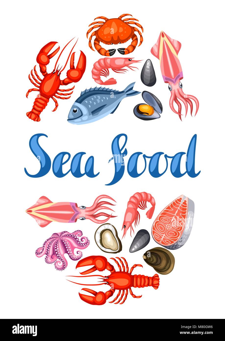 Background with various seafood. Illustration of fish, shellfish and ...
