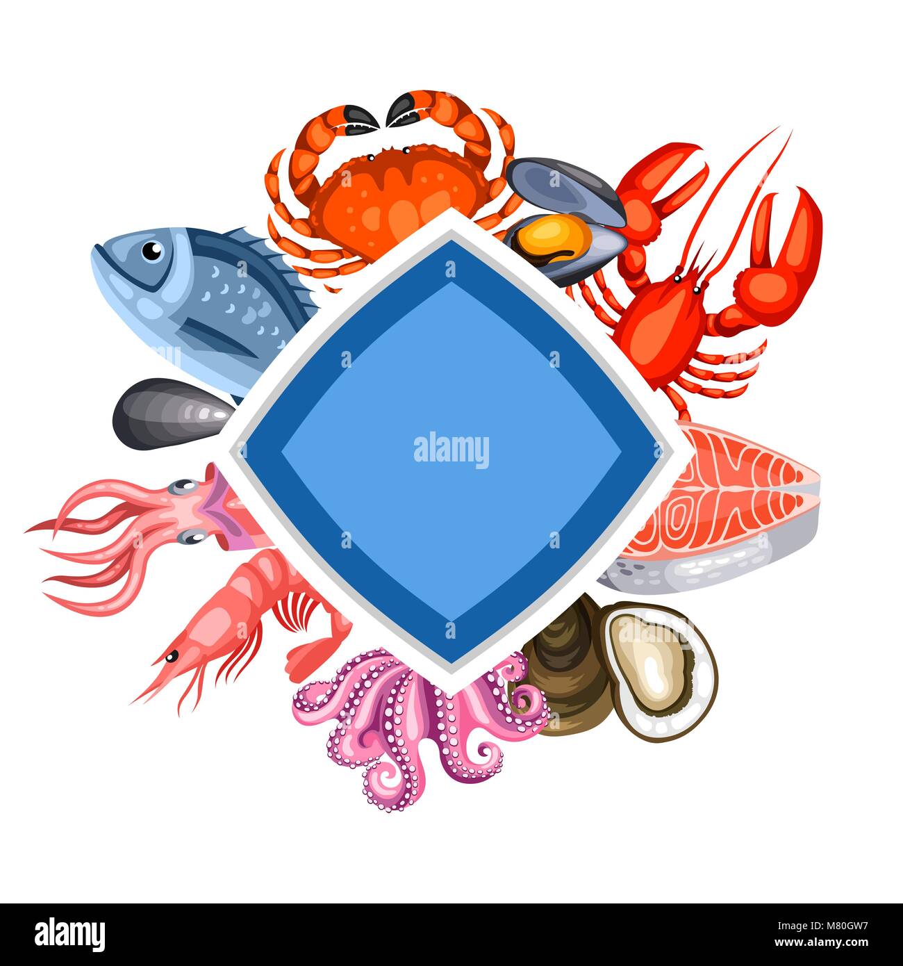 Background with various seafood. Illustration of fish, shellfish and ...