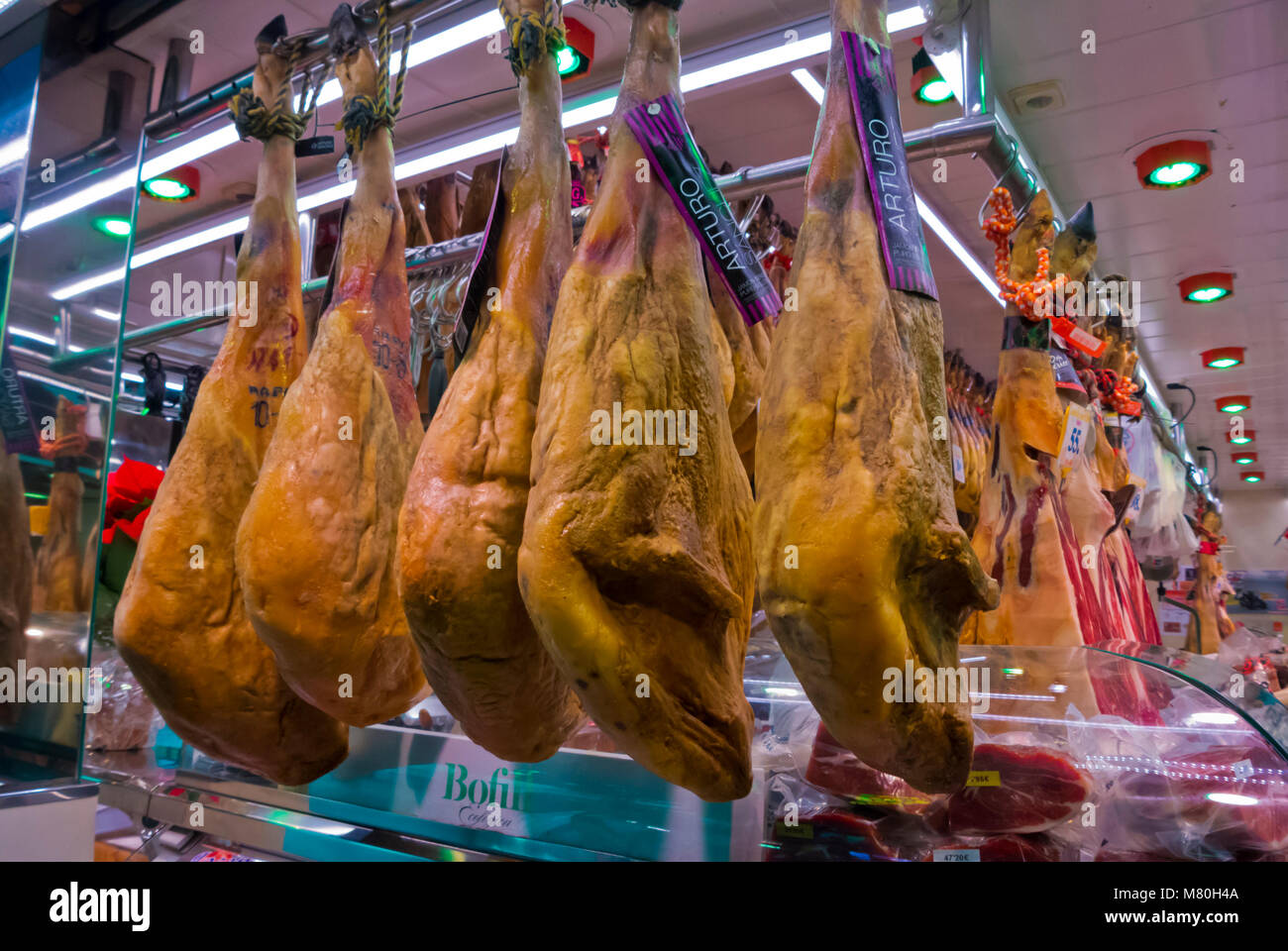 Jamon Iberico, locally produced ham, Mercado de La Boqueria, Mercat de ...