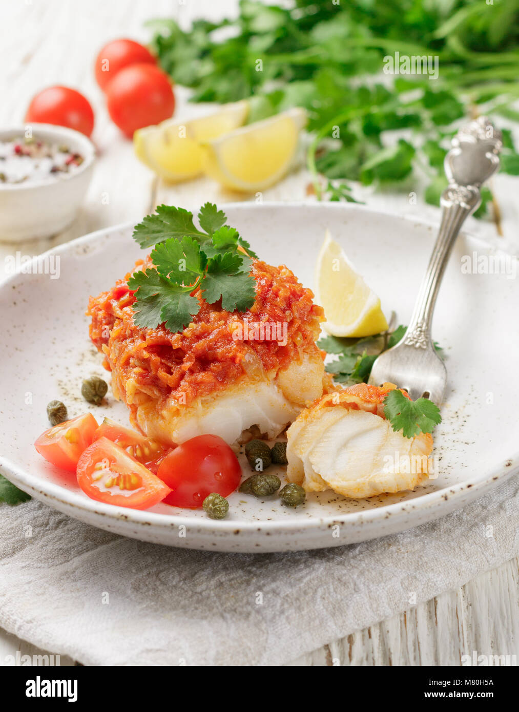 White fish (cod, Pollock, nototenia, hake), braised with onions ...