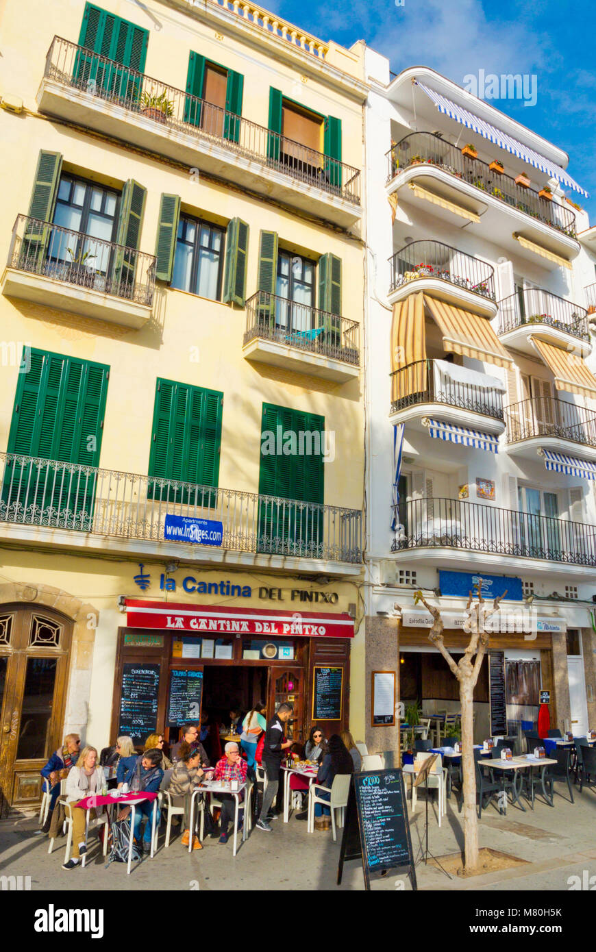 Restaurant terraces, Passeig de la Ribera, Sitges, Catalonia, Spain ...