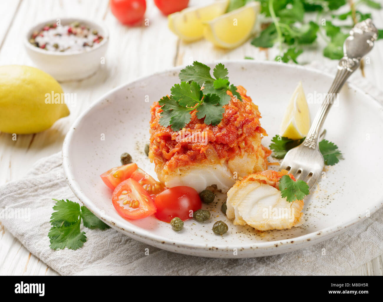 White fish (cod, Pollock, nototenia, hake), braised with onions ...