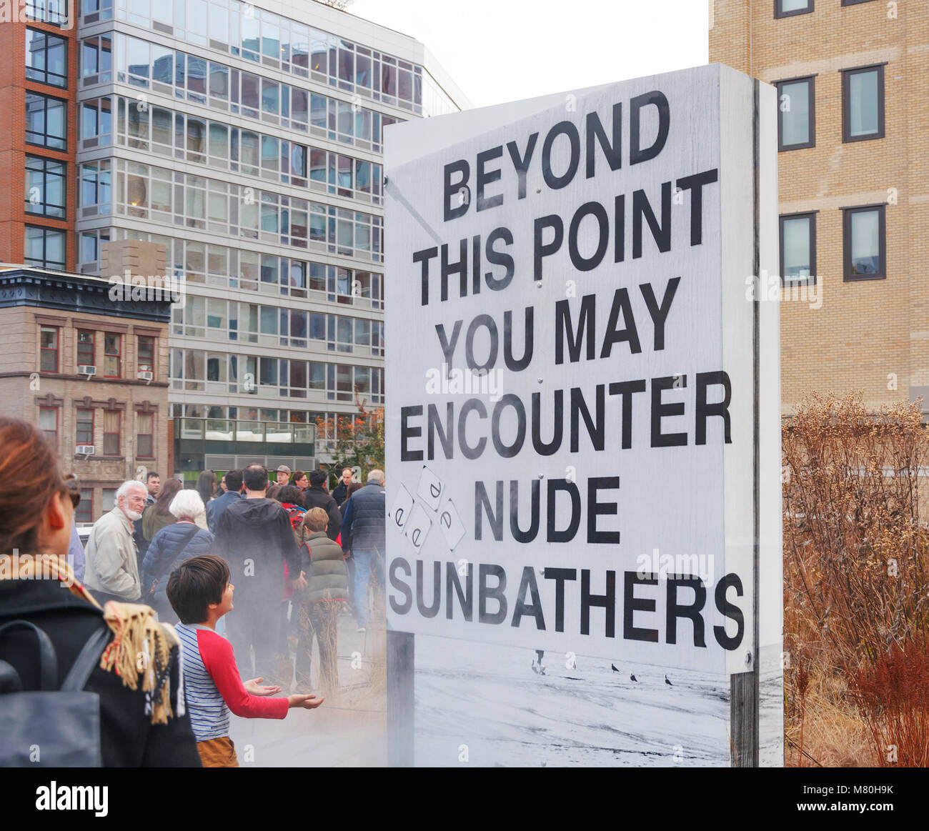New York, USA, november 2016: Warning sign along the path of the New ...