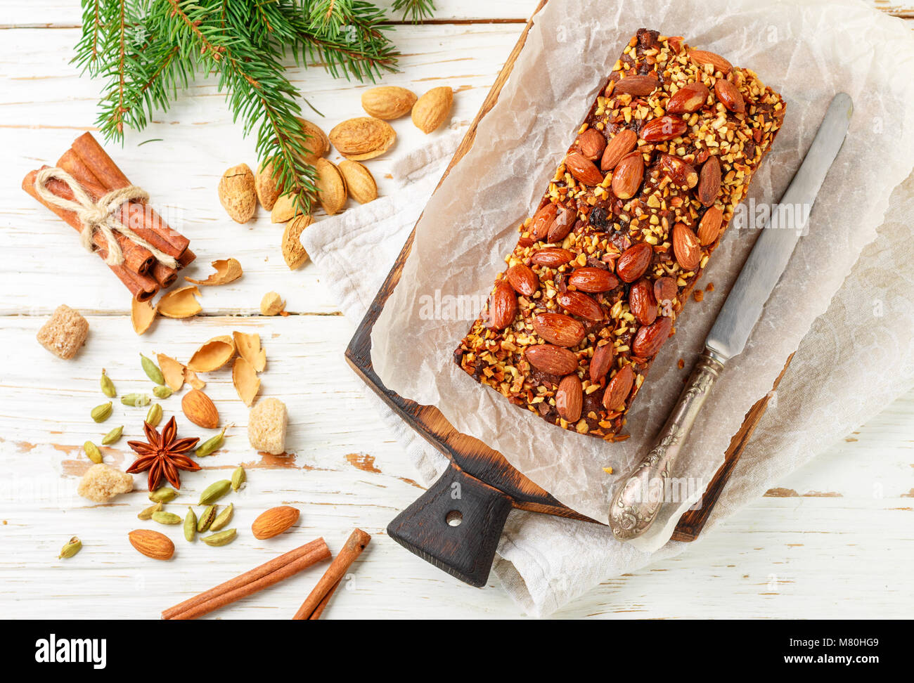 Festive Homemade Holiday Fruitcake with Nuts, Fruit and spices. Almonds ...