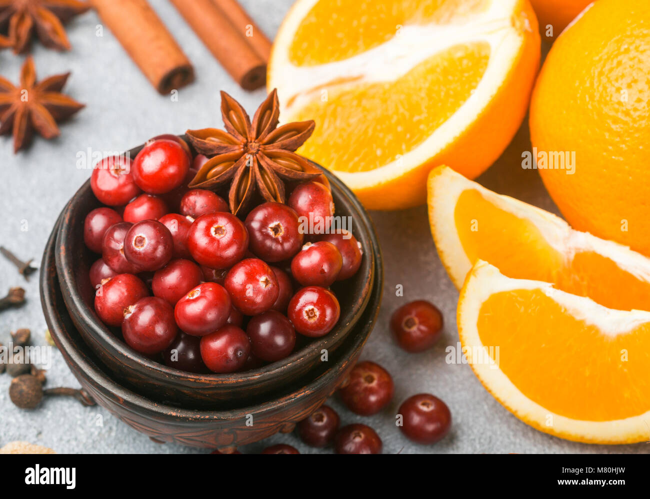 Ingredients for cooking traditional spicy winter drinks - cranberry ...
