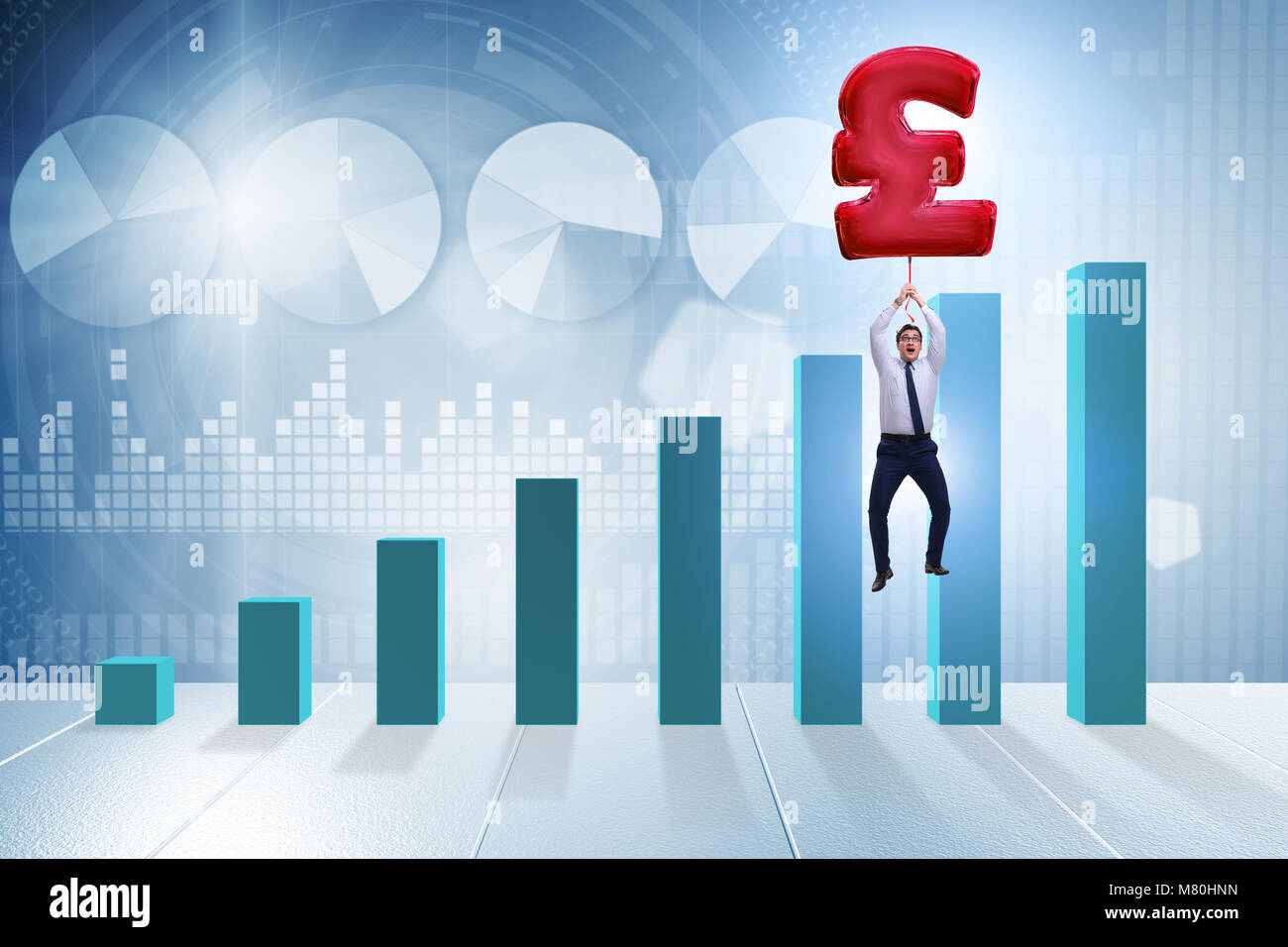 Businessman flying on british pound sign inflatable balloon Stock Photo ...