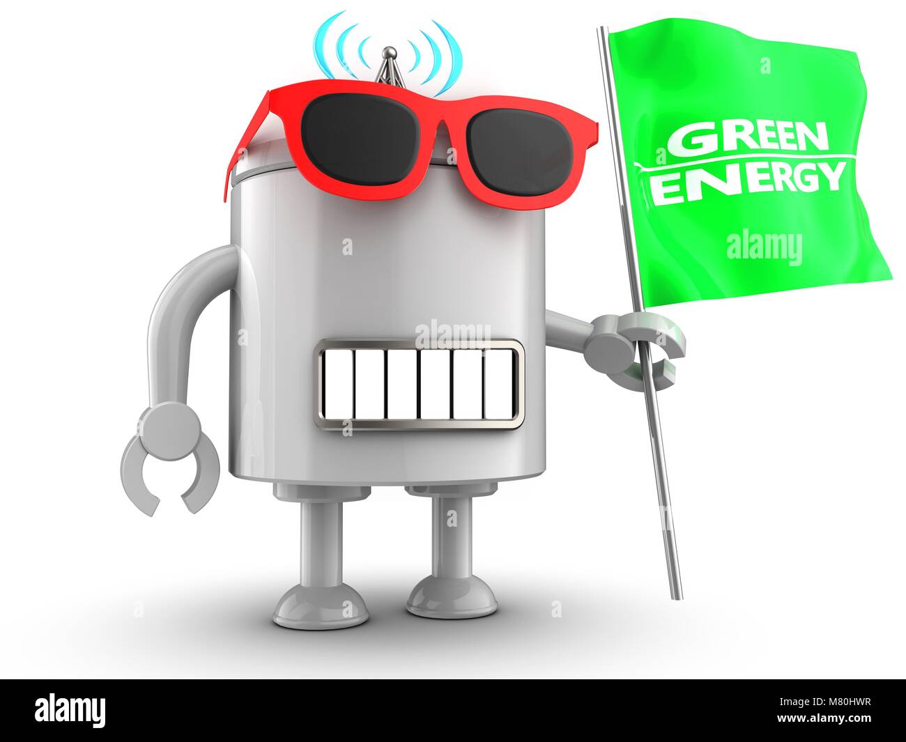 3d illustration of robot with with green energy flag over white ...