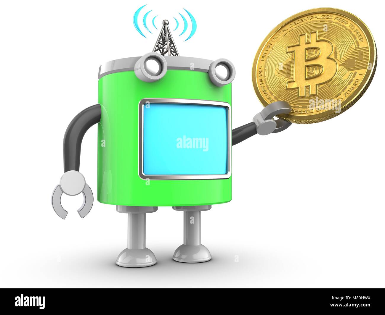 3d illustration of robot with with bitcoin over white background Stock ...