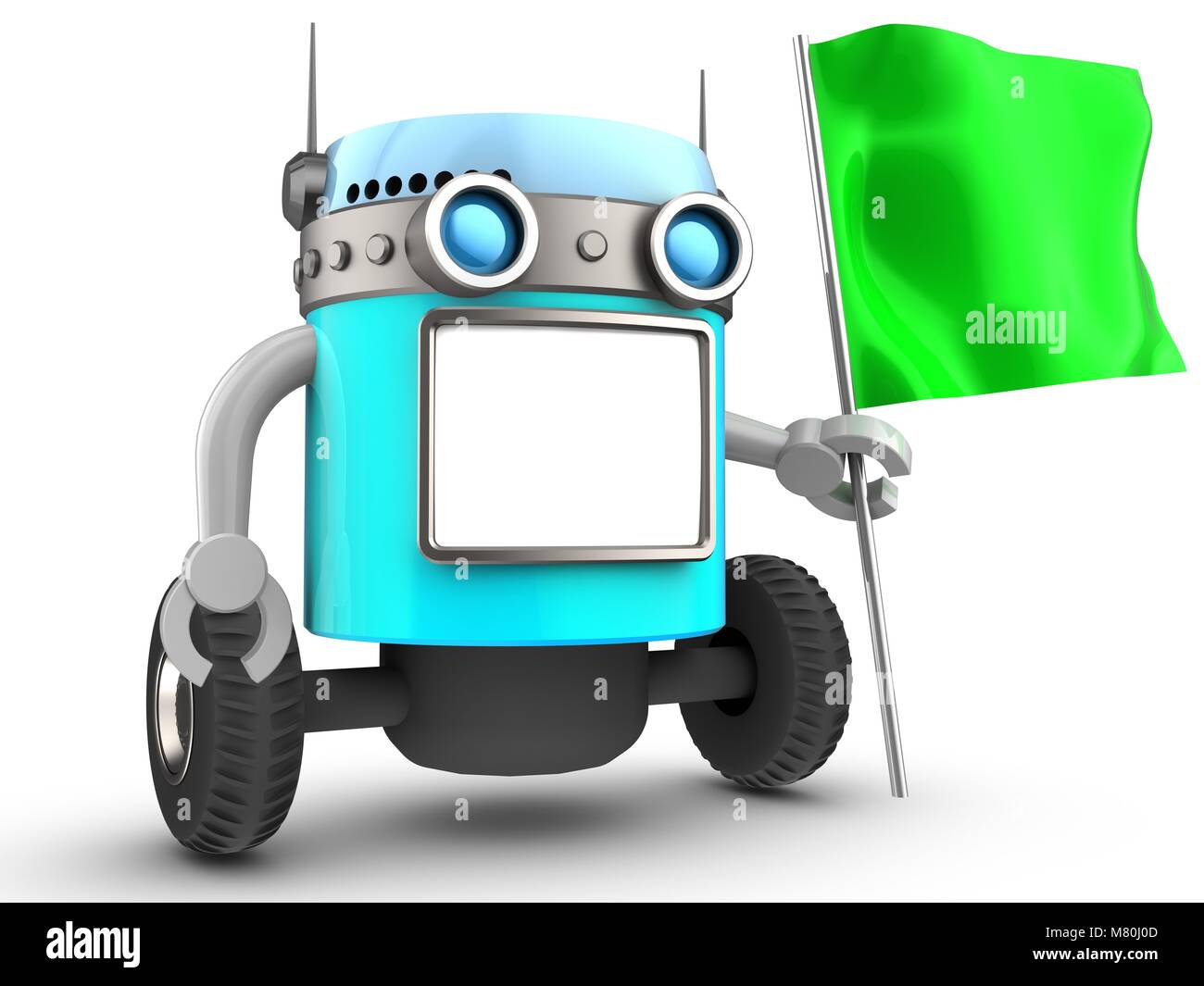 3d illustration of robot with green flag over white background Stock ...