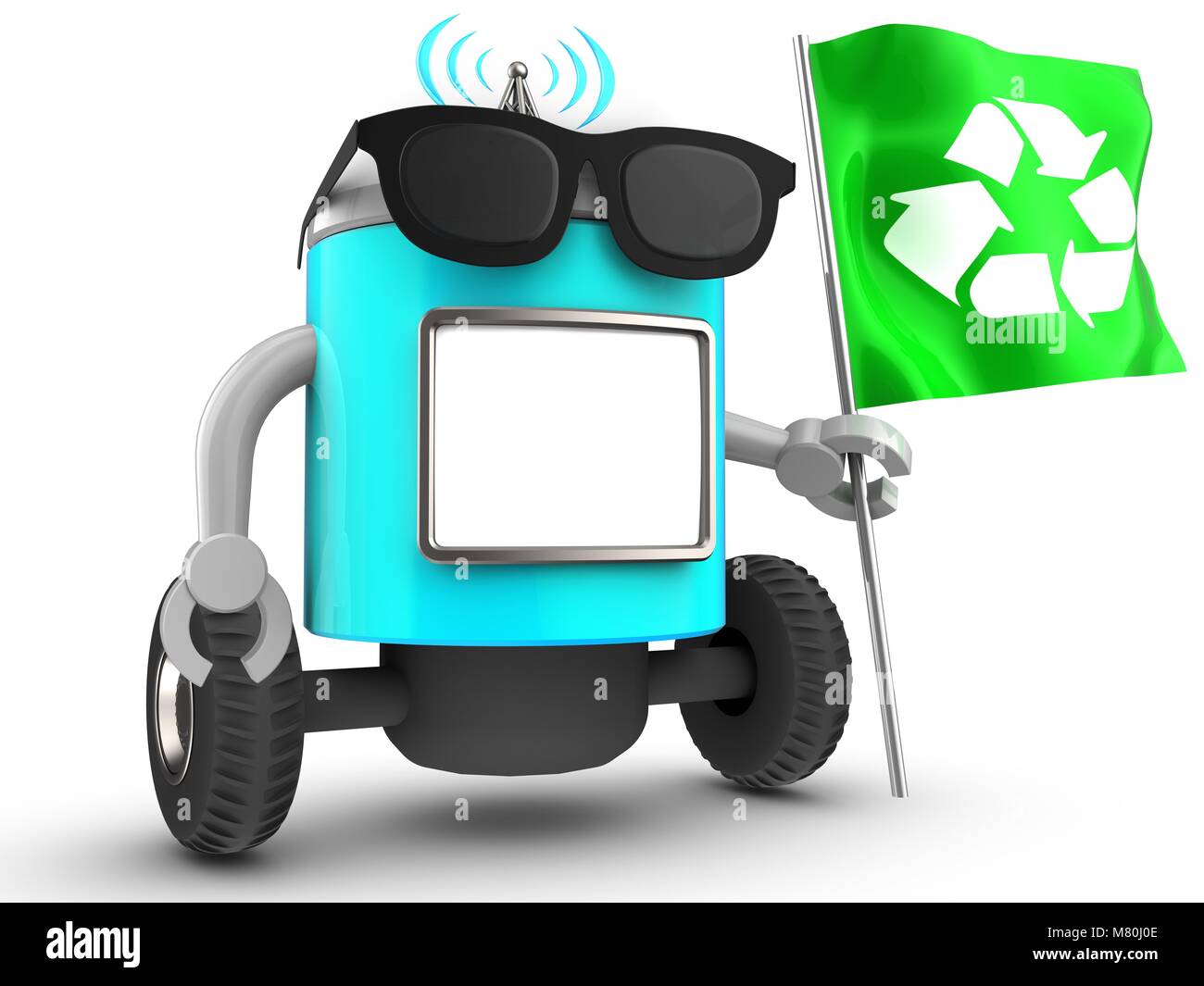 3d illustration of robot with with recycled flag over white background ...