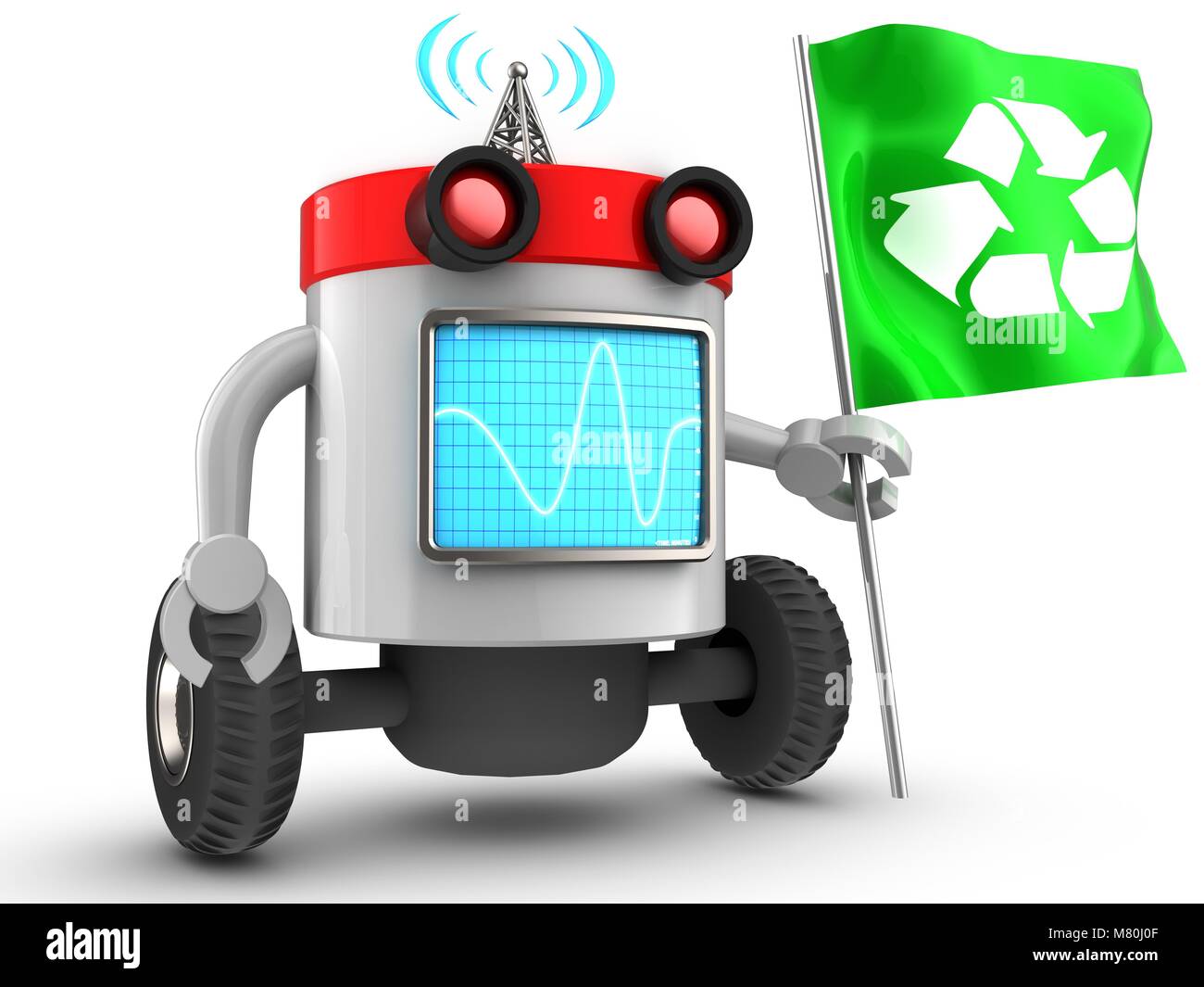 3d illustration of robot with with recycled flag over white background ...
