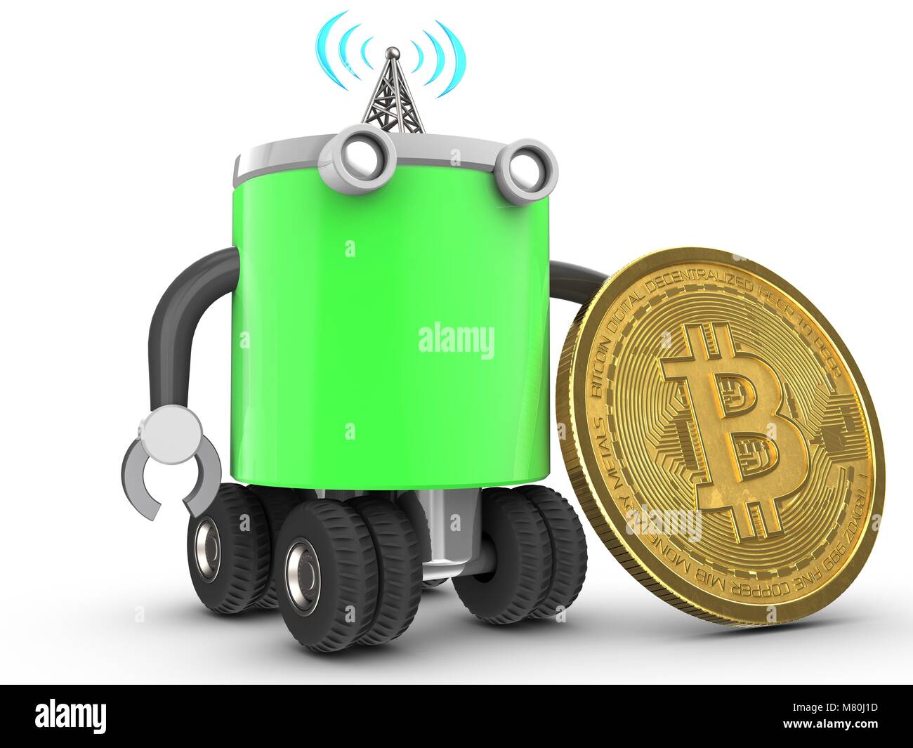 3d illustration of robot with with bitcoin over white background Stock ...