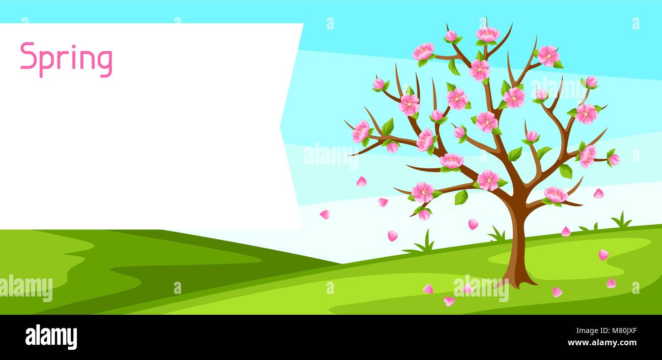 Spring landscape with tree and sakura flowers. Seasonal illustration ...