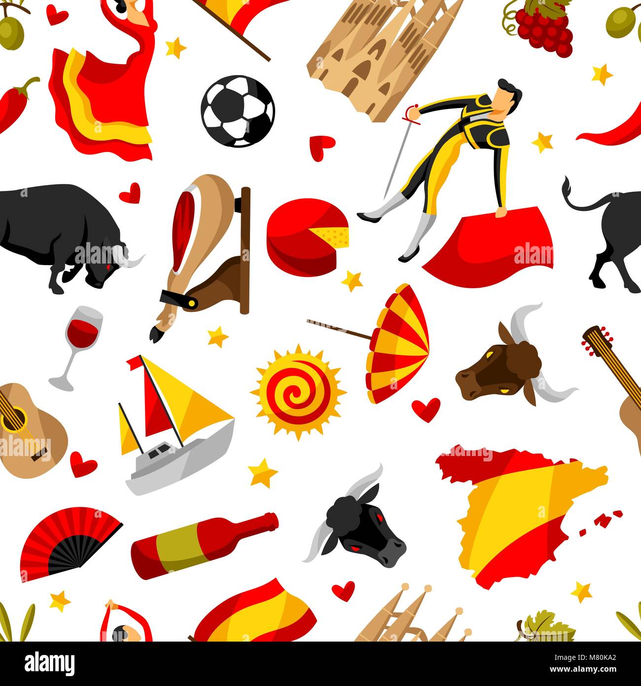 Spain seamless pattern. Spanish traditional symbols and objects Stock ...