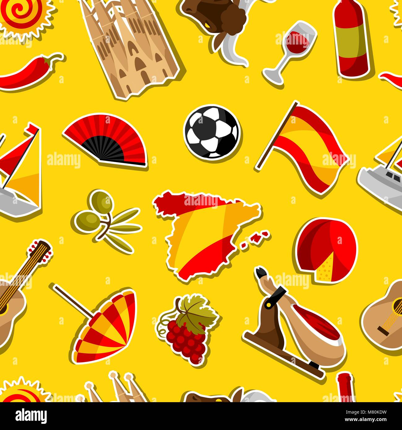 Spain seamless pattern. Spanish traditional sticker symbols and objects ...