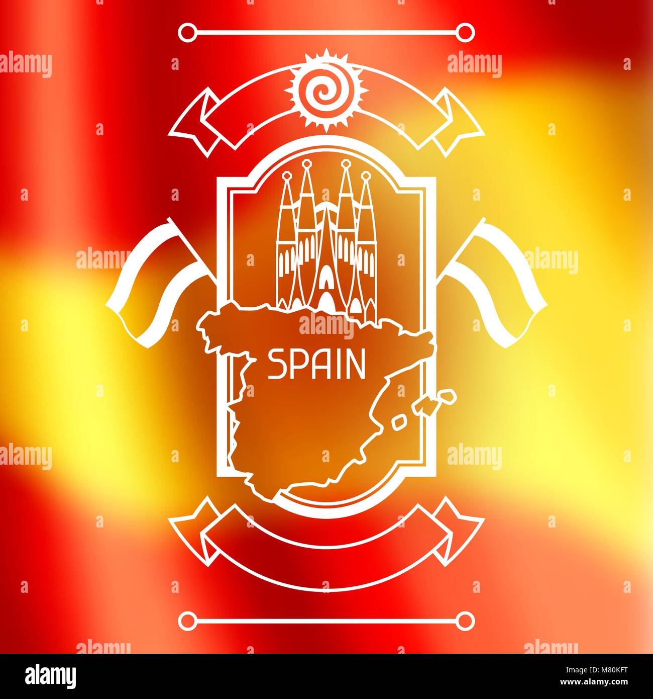 Spain background design on blurred flag. Spanish traditional symbols ...