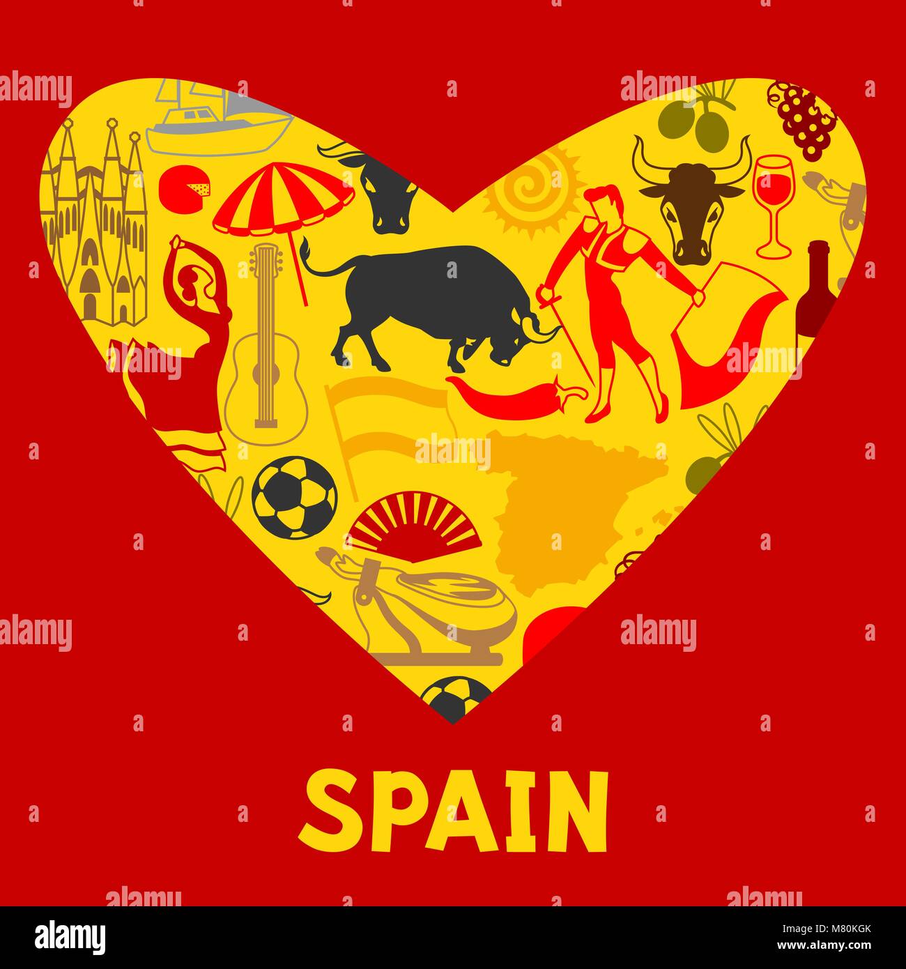 Spain background in shape of heart. Spanish traditional symbols and ...