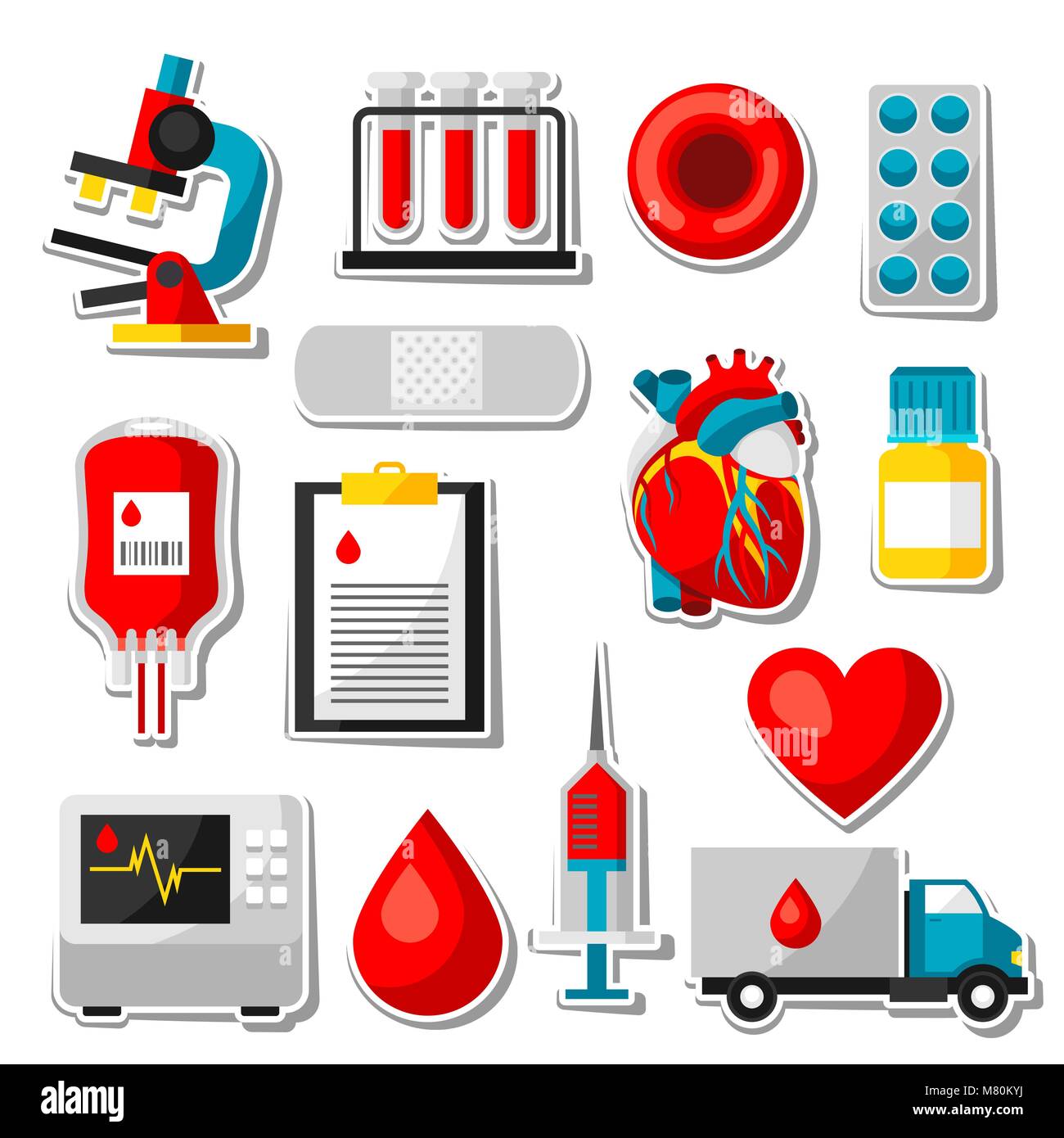 Set of blood donation items. Medical and health care sticker objects ...