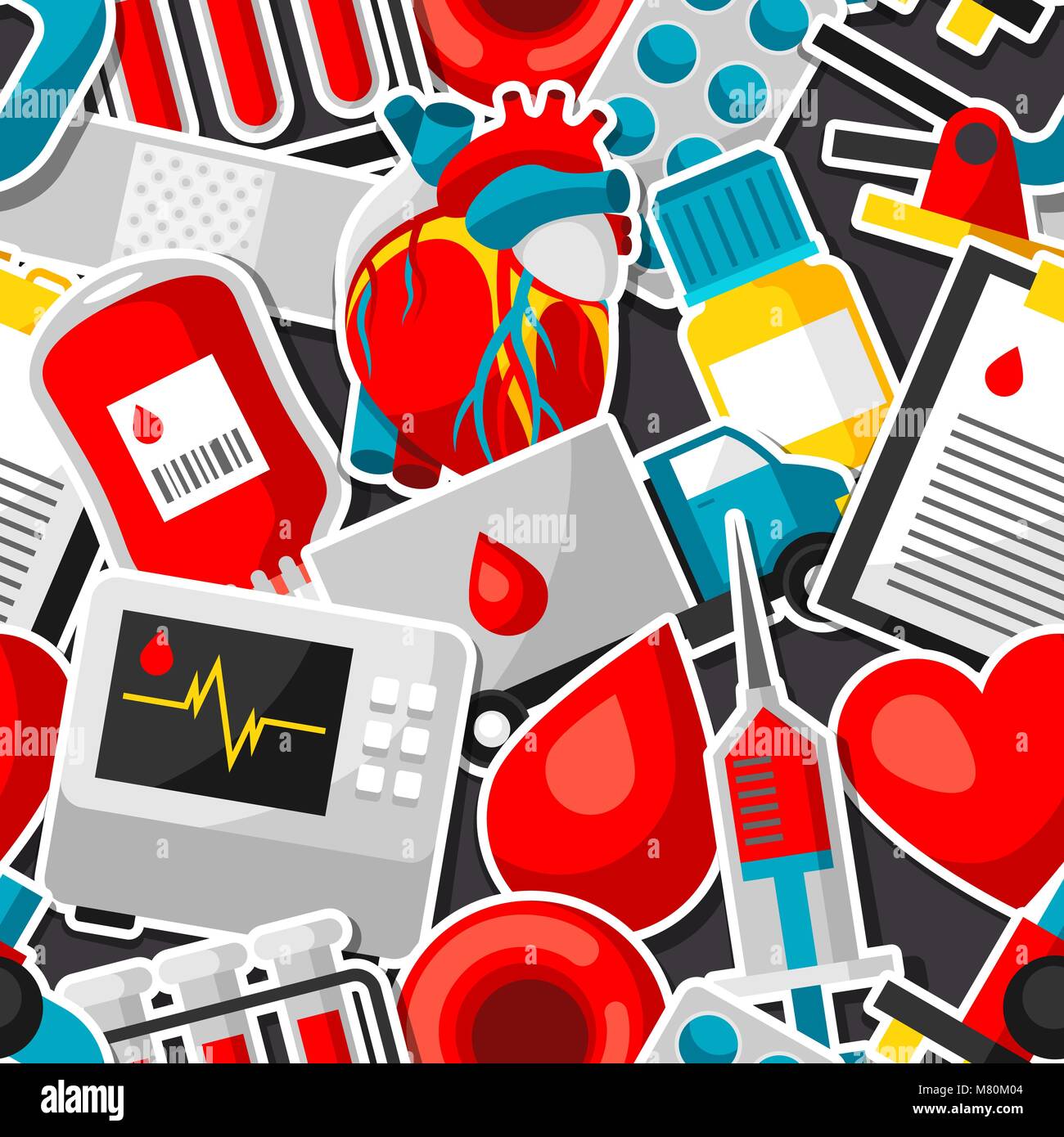 Seamless pattern with blood donation items. Medical and health care ...
