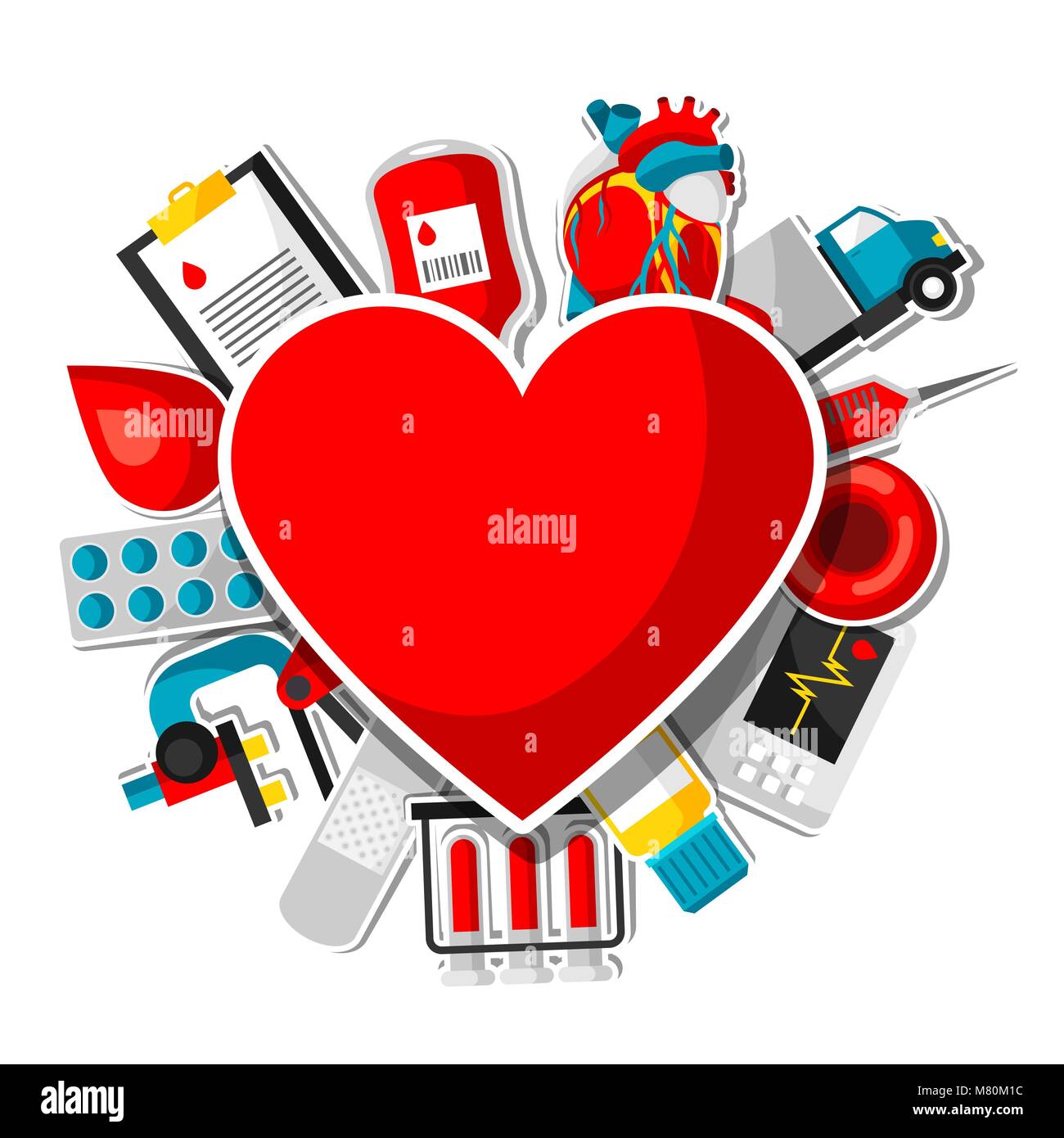 Background with blood donation items. Medical and health care sticker ...