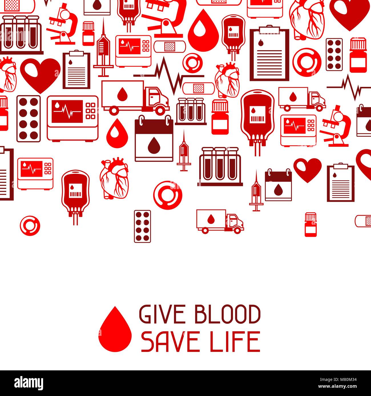 Give blood save life. Background with blood donation items. Medical and ...