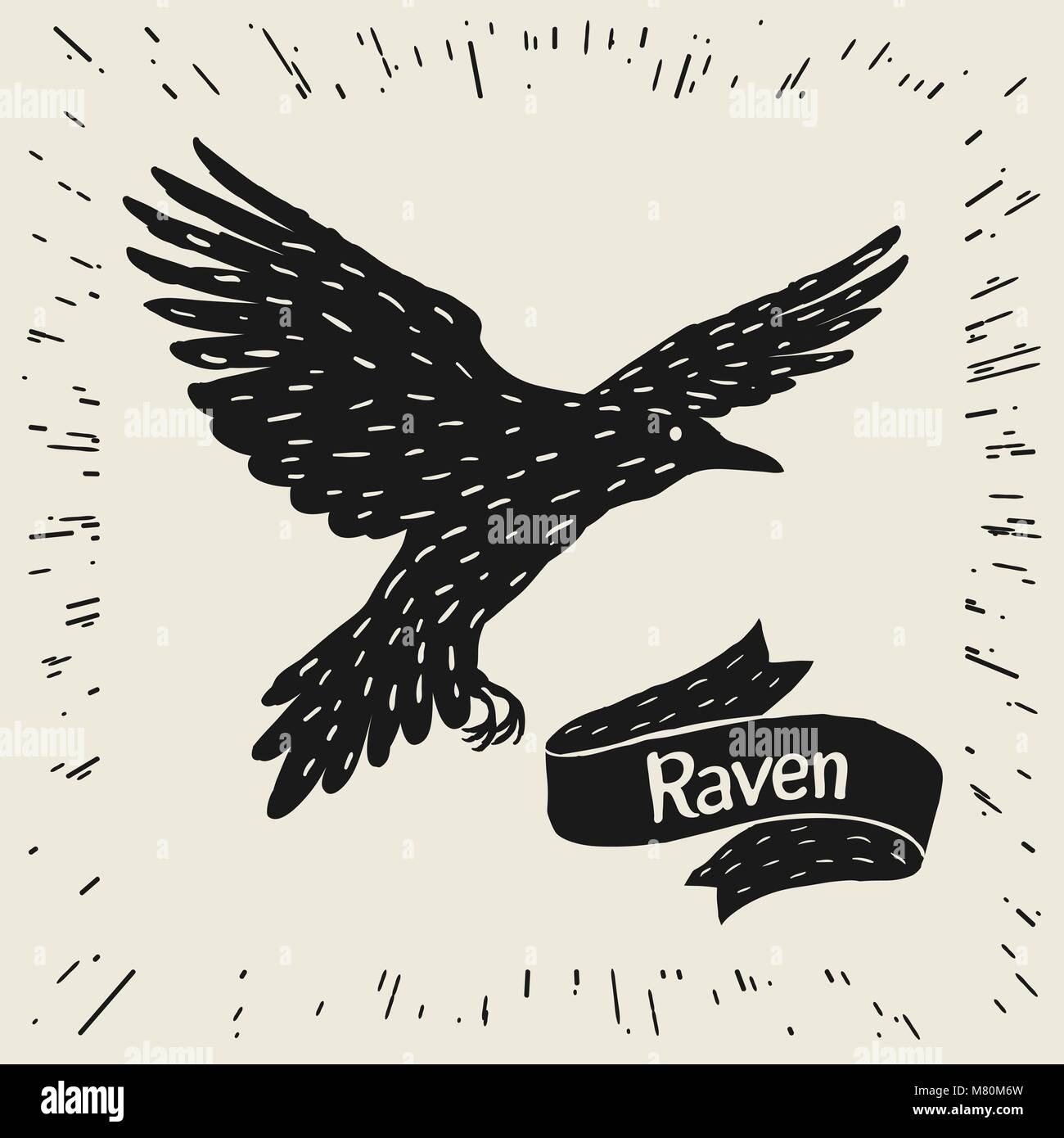 Background with black flying raven. Hand drawn inky bird and ribbon ...