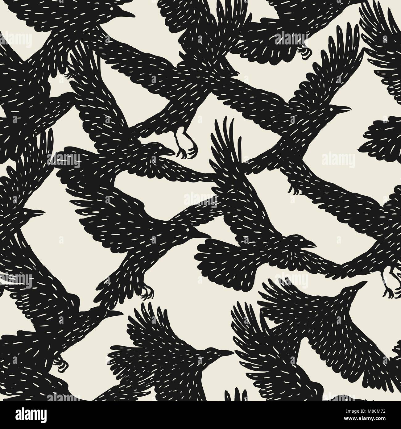 Seamless pattern with black flying ravens. Hand drawn inky birds Stock ...