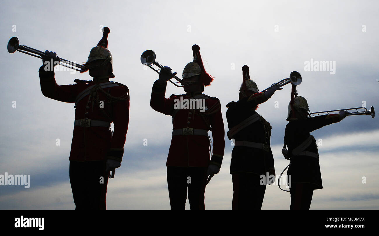 Members of Household Cavalry test fanfare trumpets which could play a ...
