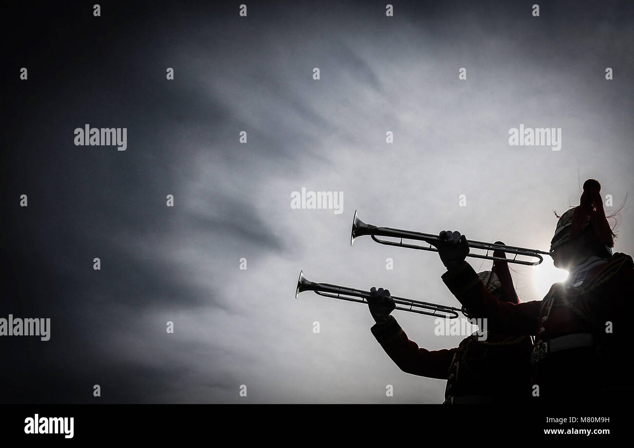 Members of Household Cavalry test fanfare trumpets which could play a ...