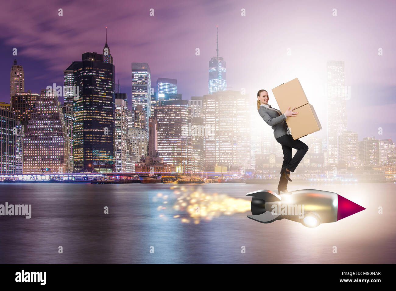 Woman flying rocket and delivering boxes Stock Photo - Alamy