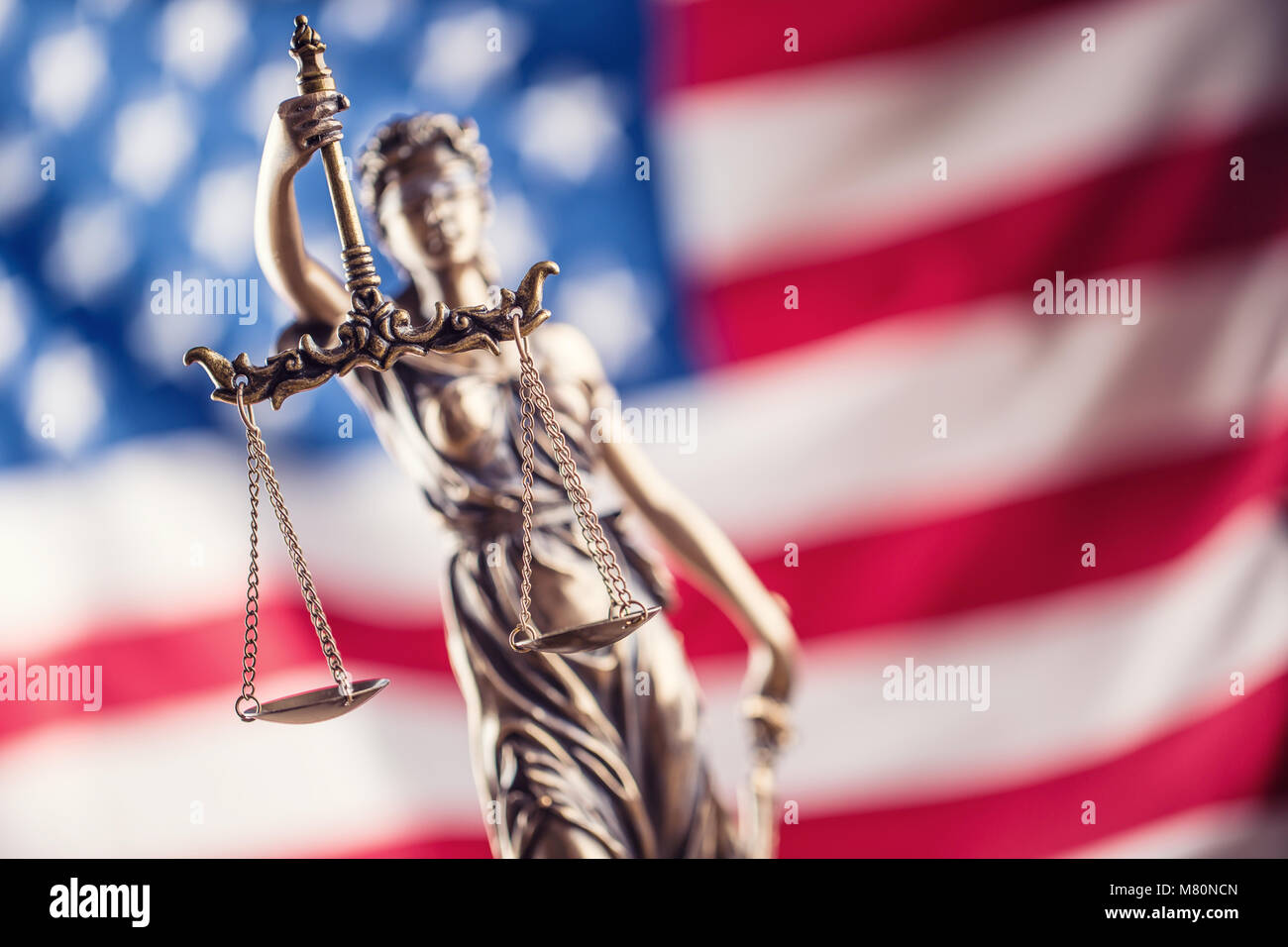 Lady Justice and American flag. Symbol of law and justice with USA Flag ...