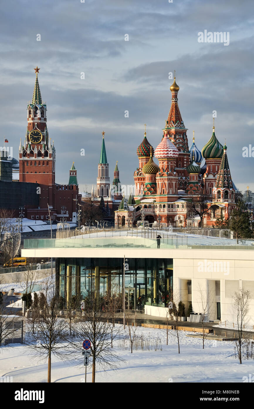 Modern Café “Zaryadye” and Ancient Moscow’s Landmarks in Winter Stock ...