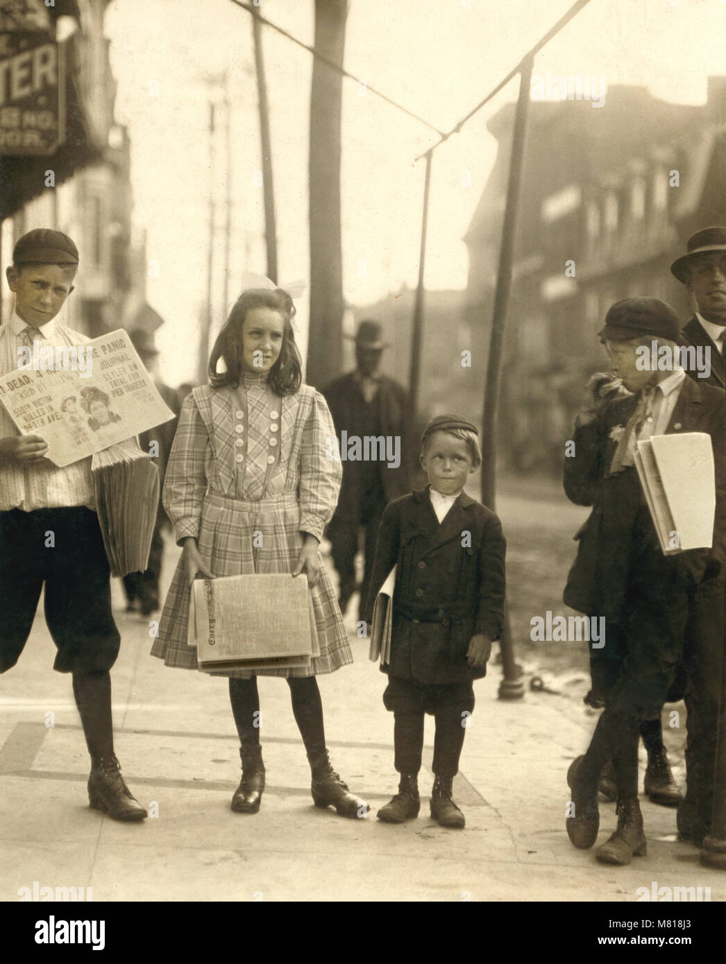 Young Girl and Boys Selling Newspapers on Sidewalk, Wilmington ...
