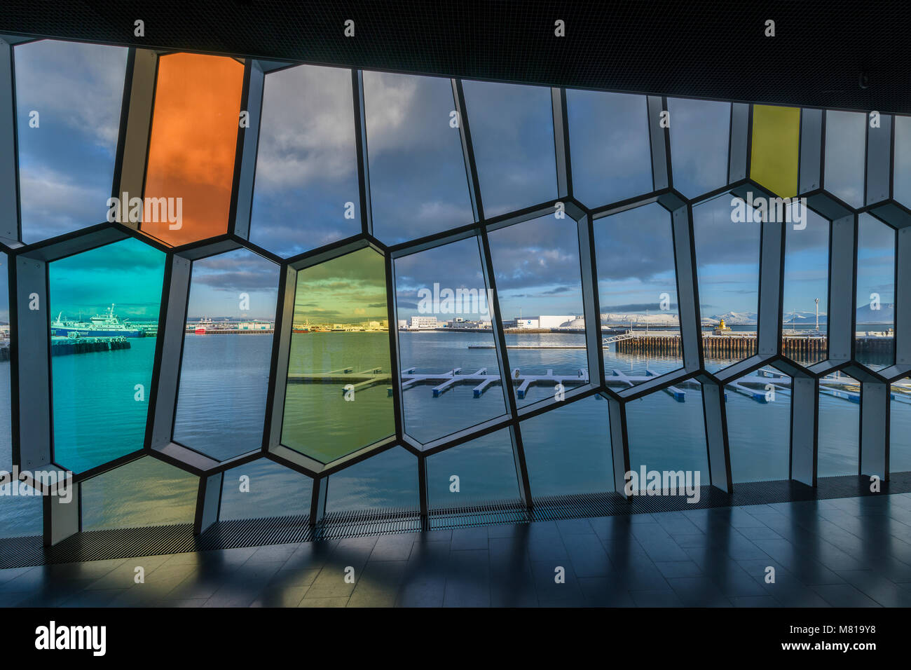 Old Harbor view through Harpa Concert Hall windows in Reykjavik ...