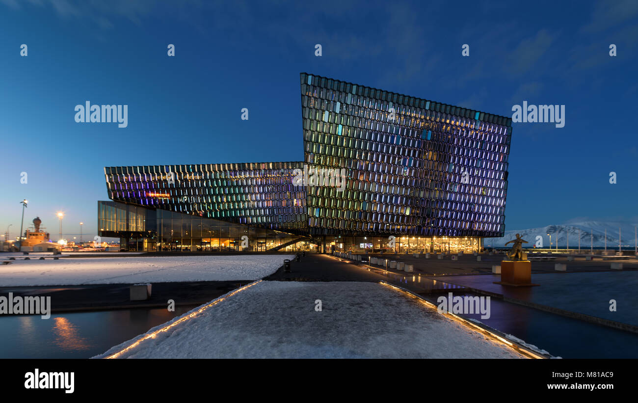 Exterior of the contemporary Harpa Concert Hall during winter in ...