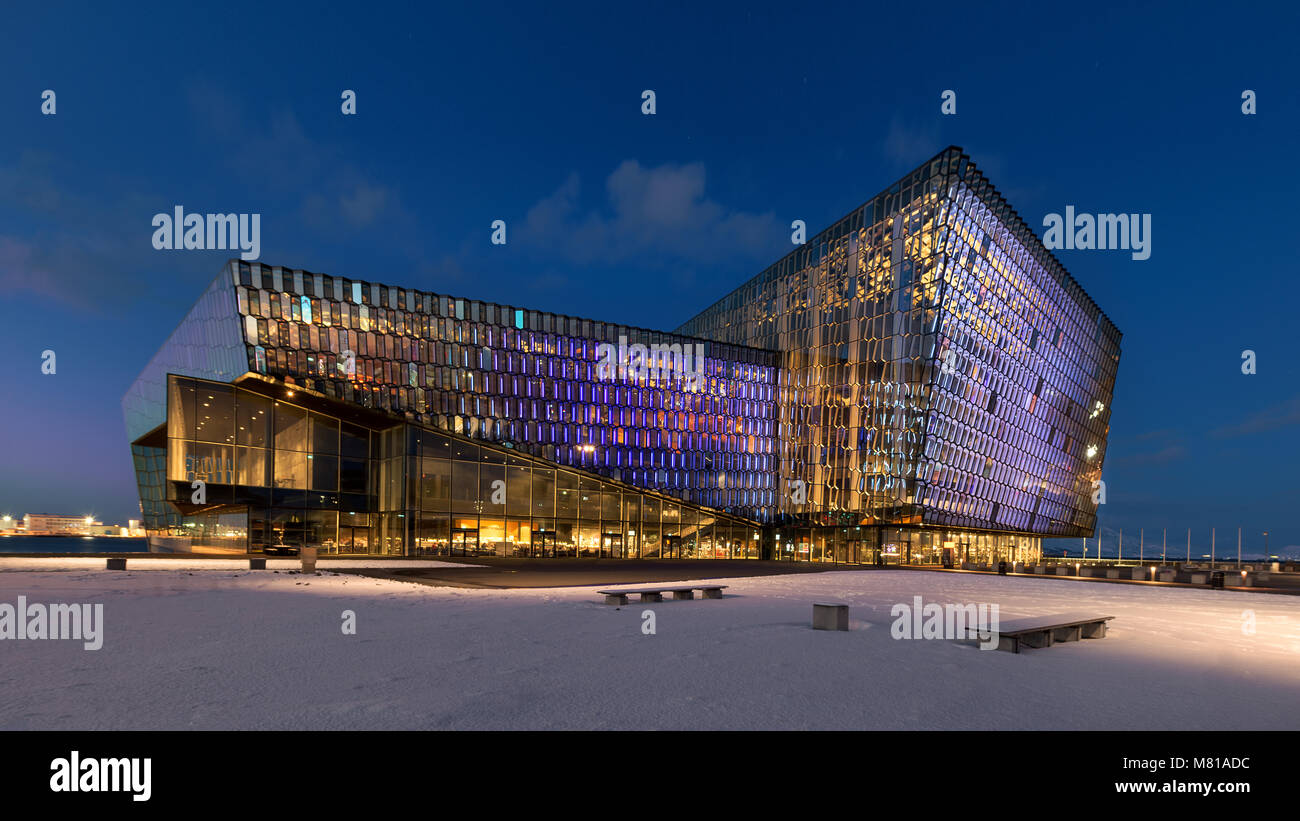 Exterior of the contemporary Harpa Concert Hall during winter in ...