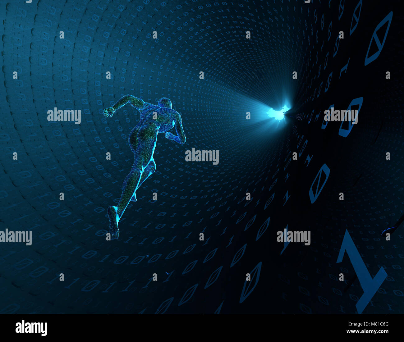 Technology people running in digital space, network speed, technology ...