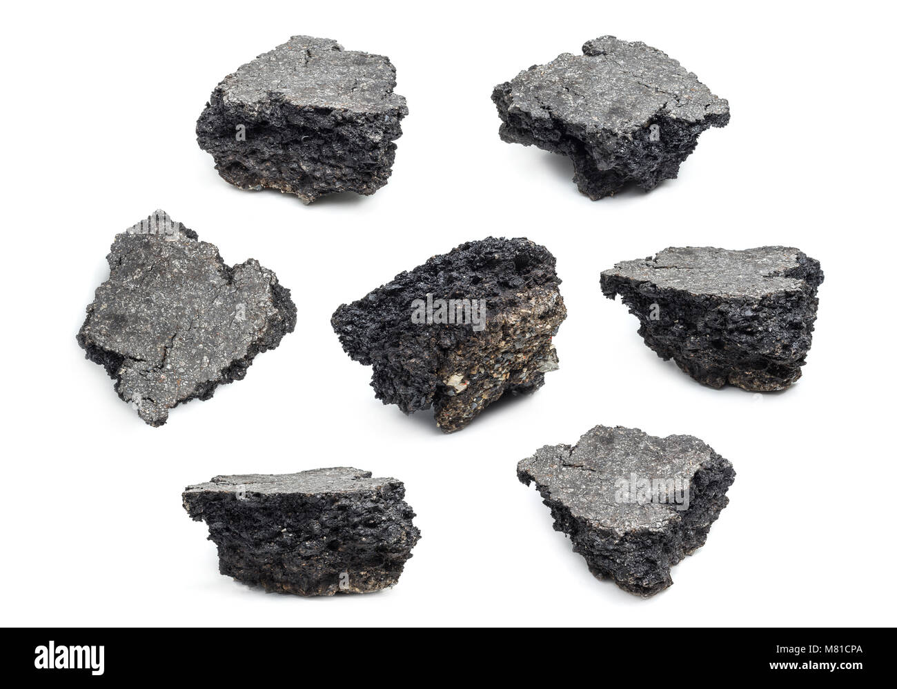 Set of part of asphalt road stone from road renovation process ...