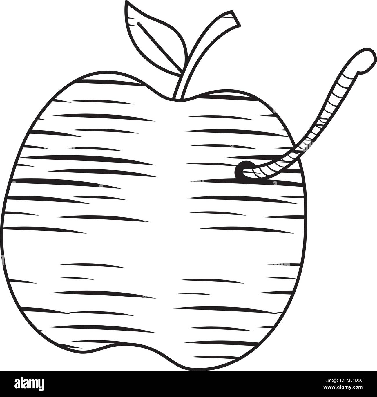 sketch of apple fruit with a worm icon over white background, vector ...