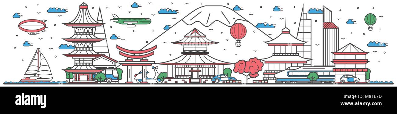 Travel in Japan country line flat design banner Stock Vector Image ...