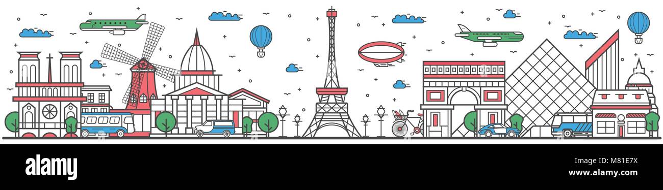 Travel in Paris city line flat design banner Stock Vector Image & Art ...