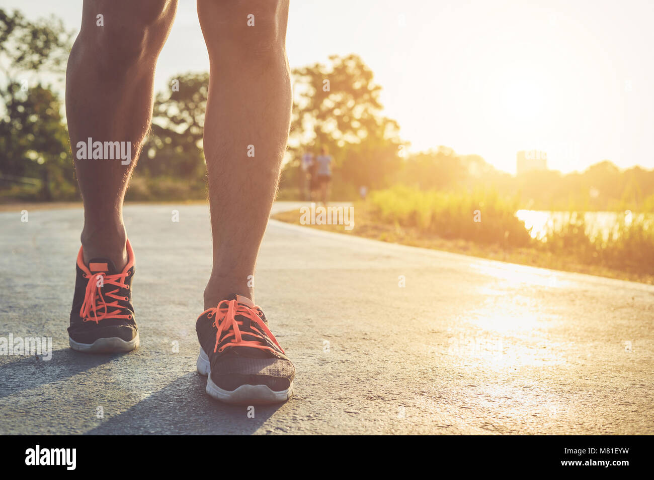 Man workout wellness concept : Close up runner feet with sneaker shoe ...